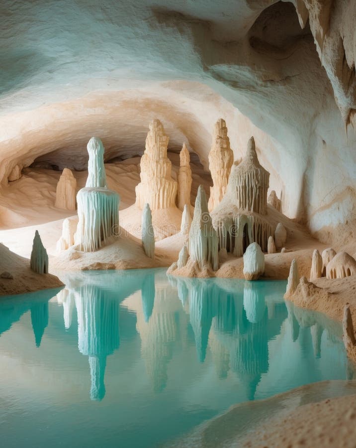 Breathtaking Underground Cave with Turquoise Lake and Stalagmites Stock ...