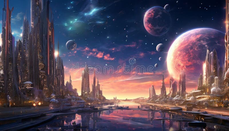 Futuristic Alien Cityscape with Vibrant Planets at Twilight Stock Photo ...