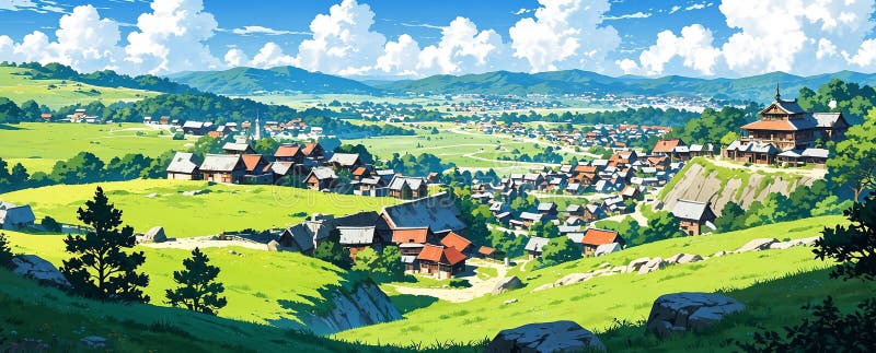 A Breathtaking View of the Anime Village from a Hill. Stock Photo ...