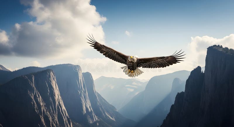 Bald Eagle Soaring Over Majestic Mountains, Spreading Its Wings Wide Against Blue Sky Stock ...