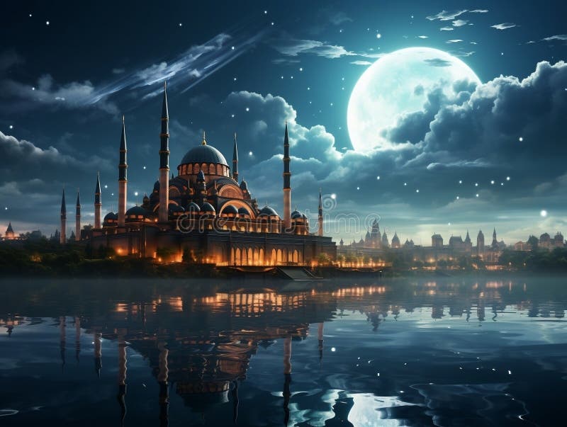 Beautiful Mosque with Night Moon Sky Stock Illustration - Illustration ...