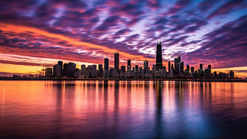 Stunning Chicago Skyline at Sunset with Vibrant Clouds and Water ...