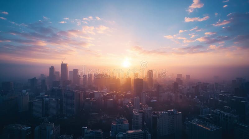 Breathtaking View of a City Skyline at Dawn with the First Rays of ...