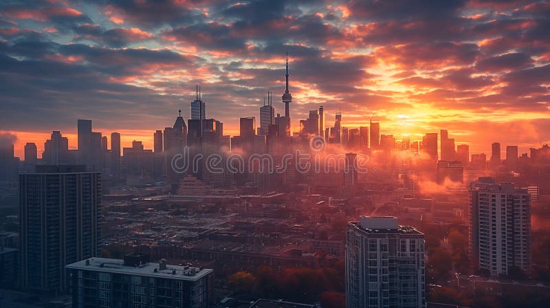 Breathtaking View of a City Skyline at Dawn with the First Rays of ...