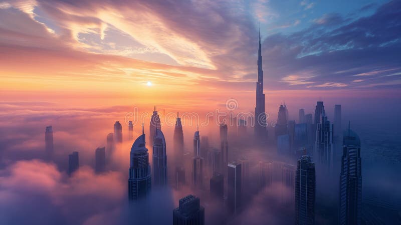 Breathtaking View of a City Skyline at Dawn with the First Rays of ...