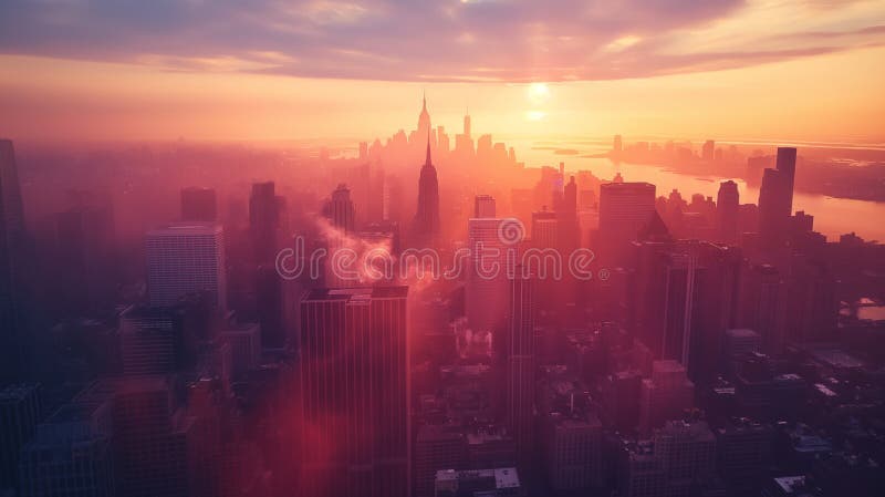 Breathtaking View of a City Skyline at Dawn with the First Rays of ...