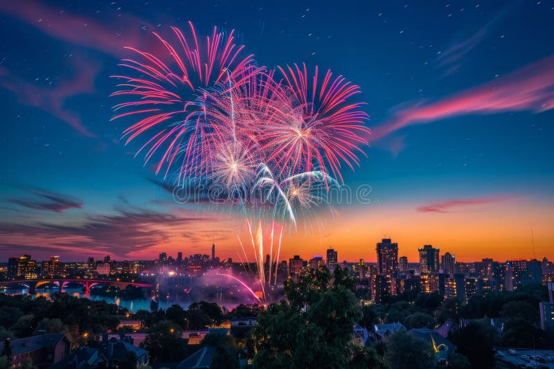 A City Skyline Illuminated by a Spectacular Fireworks Display Stock ...