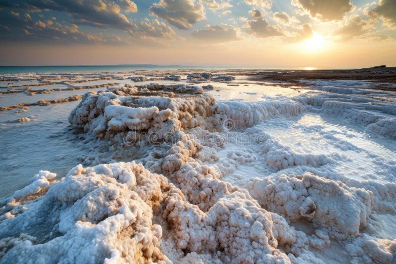 Breathtaking View of Dead Sea with Salt Formations and Pink Sunset, AI ...