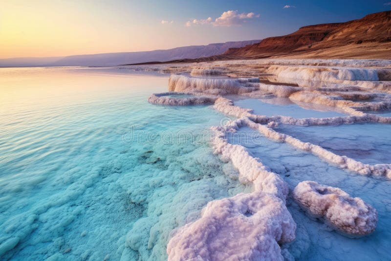 Breathtaking View of Dead Sea with Salt Formations and Pink Sunset, AI ...