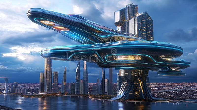 Futuristic Skyscraper with Hovering Structures Stock Photo - Image of ...