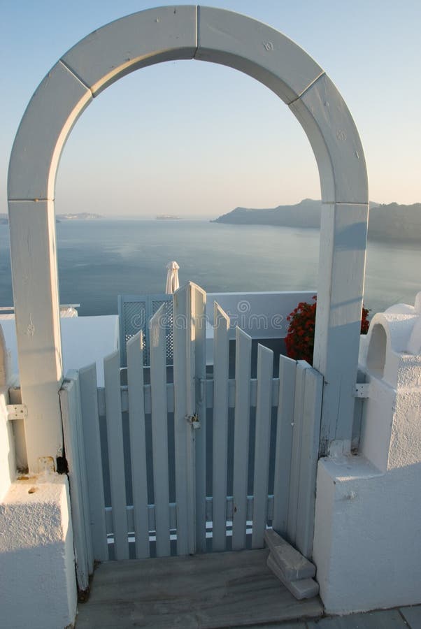 Breathtaking View through a Gate in Oia, Greece Editorial Stock Photo ...
