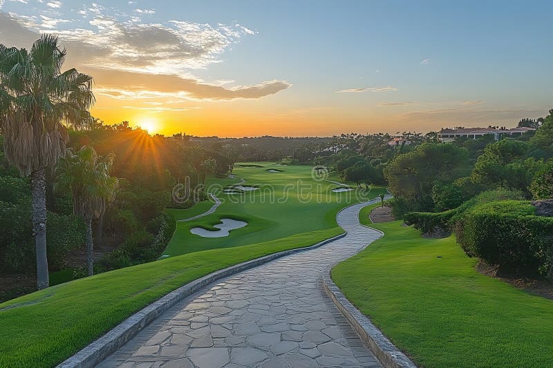 Scenic Sunset Over Lush Golf Course with Pathway and Bunkers for ...