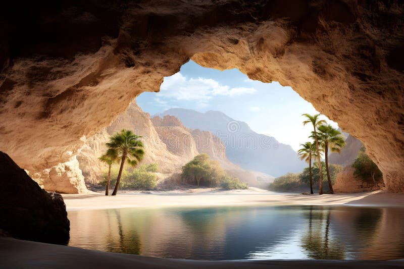 Hidden Oasis with Palm Trees and Mountains Reflecting in Water Surface ...