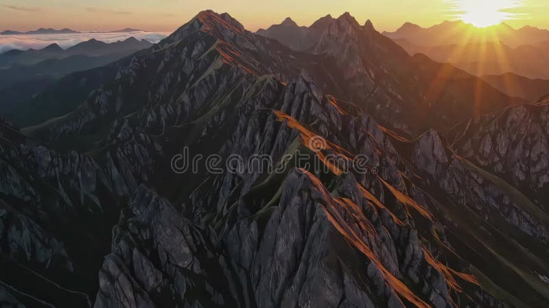 Dramatic Mountain Range at Sunset with Sharp Peaks and Sun Rays Stock ...