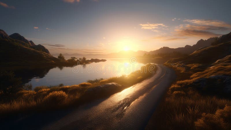 Breathtaking View of the Lake and Road at Sunset Stock Illustration ...