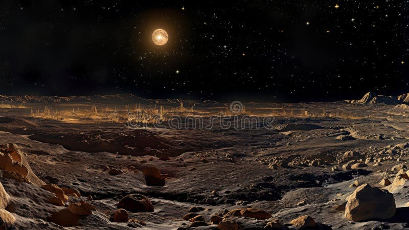 Lunar Colony Landscape with Glowing Settlements Under Starry Sky Stock ...