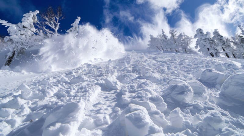 A Breathtaking View of a Massive Snow Slide with Billowing Clouds of ...
