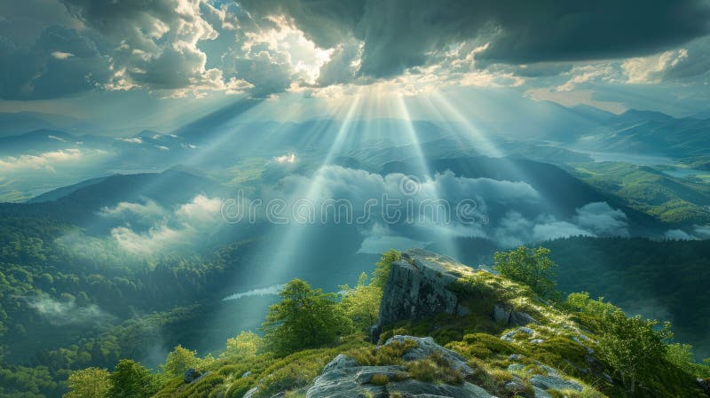 Panoramic Mountain Summit View with Rays of Sunlight Breaking through ...