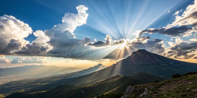 Sun Rays Mountain Landscape. a Beautiful Landscape View with Sun Beams ...