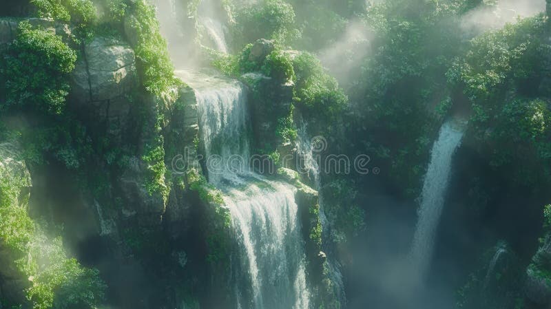 Majestic Multiple Waterfalls in Tropical Rainforest Stock Image - Image ...
