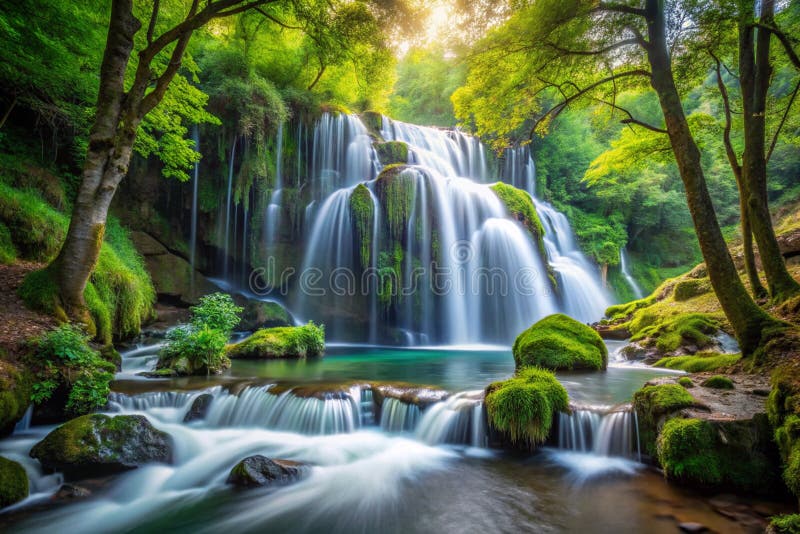 Natural Spring Waterfall. the Beautiful Waterfall in Forest, Spring ...