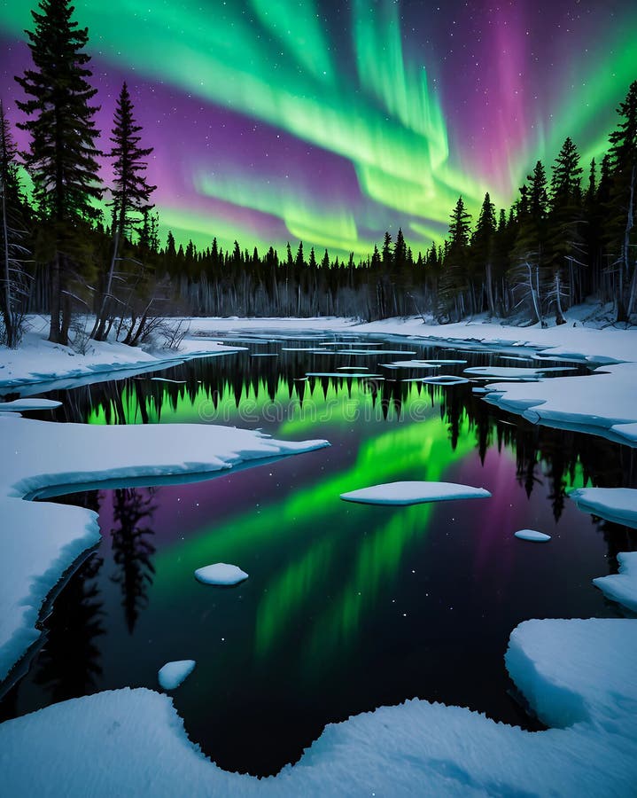 A Breathtaking View of Nature’s Light Show Over a Winter Scene. Stock ...