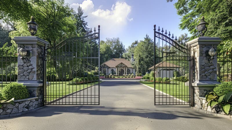 A Breathtaking View through Open Iron Gates Onto a Stately Driveway ...