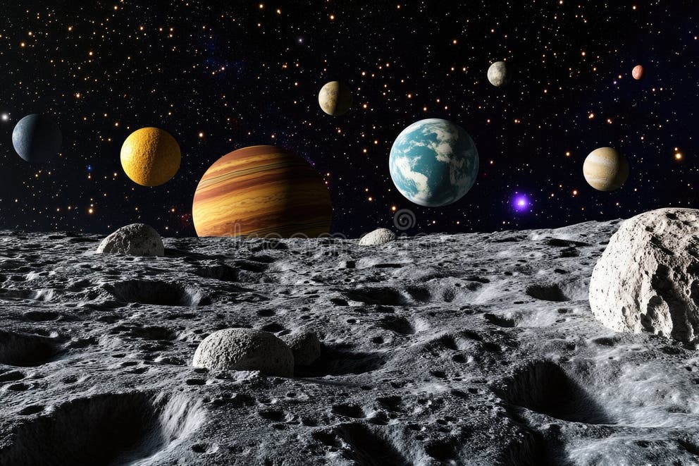 A Breathtaking View of Planets Seen from the Lunar Surface Stock Photo ...
