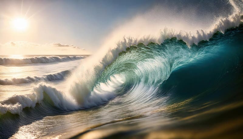 Massive Crystal Clear Wave Rolls into the Coastline Under a Vibrant Sky ...