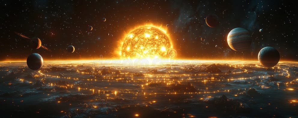 Realistic Solar System with Glowing Sun and Planets in Space Stock ...