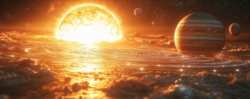 Realistic Solar System with Glowing Sun and Planets in Space Stock ...