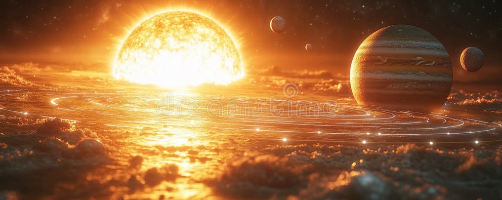 Realistic Solar System with Glowing Sun and Planets in Space Stock ...