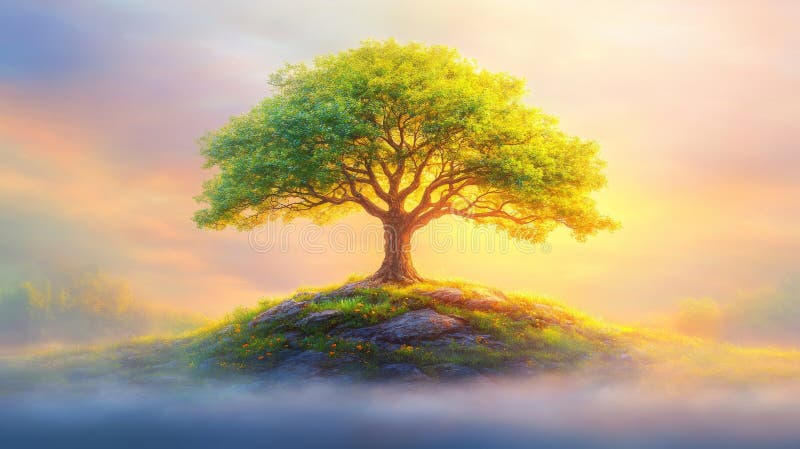 Breathtaking View Solitary Tree Atop Misty Mountain Stock Photos - Free ...