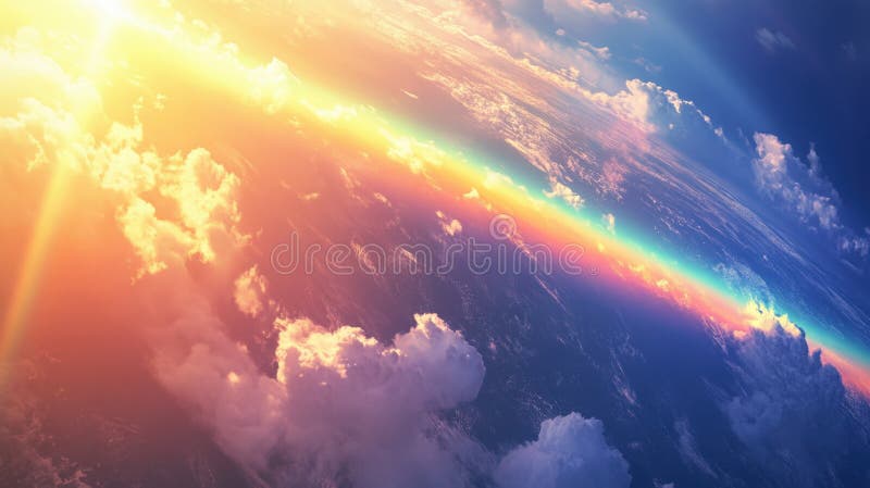 Vibrant Sunset Over Earth with a Glowing Rainbow and Clouds Stock Image ...
