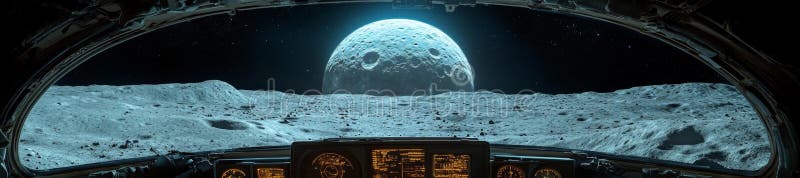Space View from a Spacecraft Cockpit with a Lunar Surface and Moon in ...