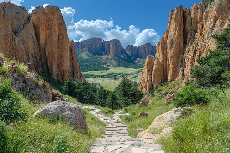 Scenic Mountain Landscape with Stone Pathway through Majestic Cliffs ...