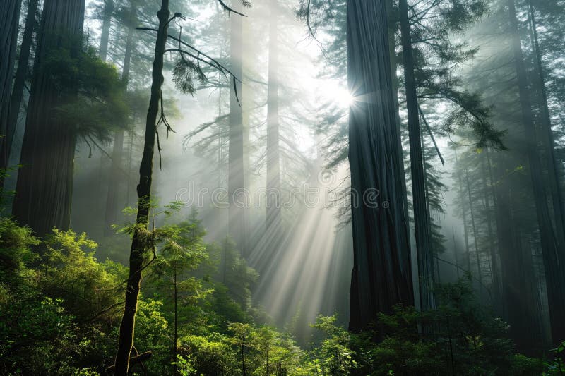 Mystical Sunrays in Lush Forest, AI Generated Stock Illustration ...