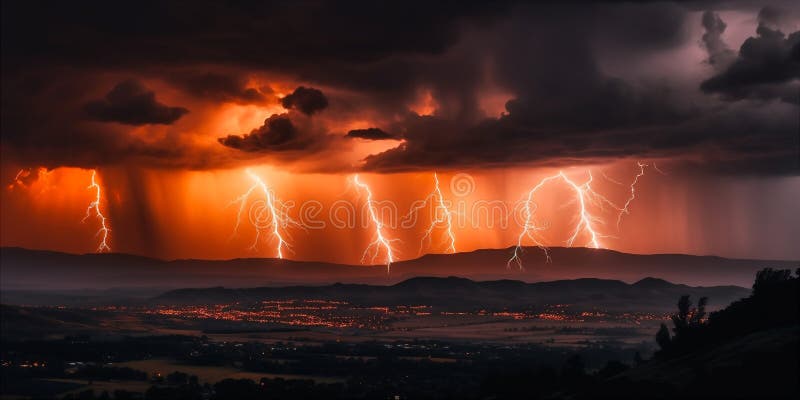 Breathtaking View of Thunderstorm at Sunset with Bolts of Lightning ...