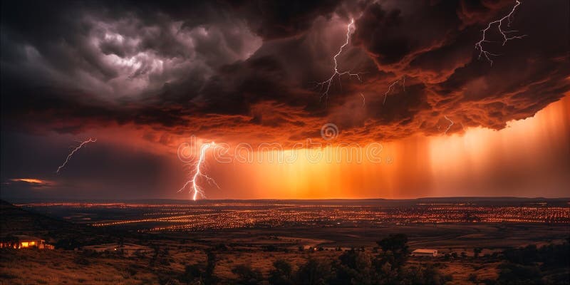 Breathtaking View of Thunderstorm at Sunset with Bolts of Lightning ...
