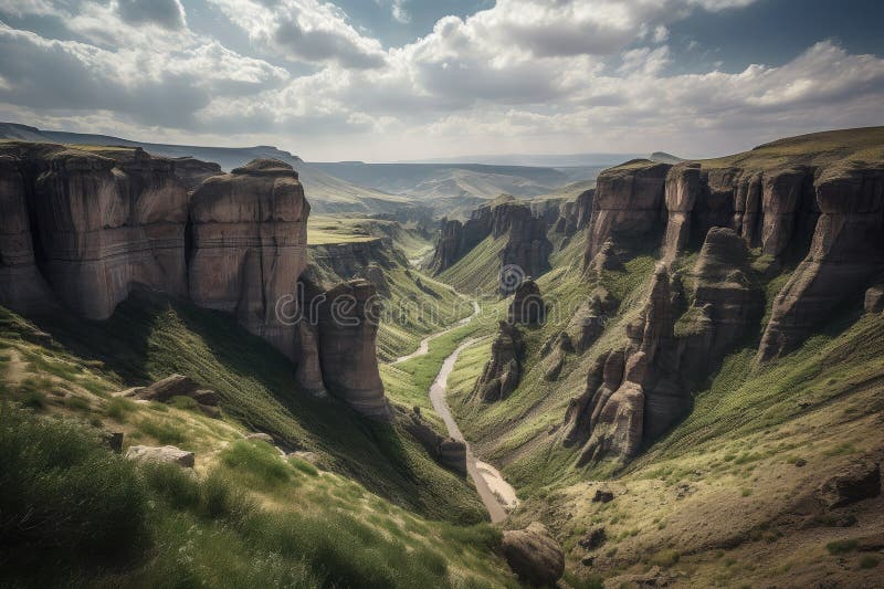 A Breathtaking View of a Valley Surrounded by Natural Rock Formations ...