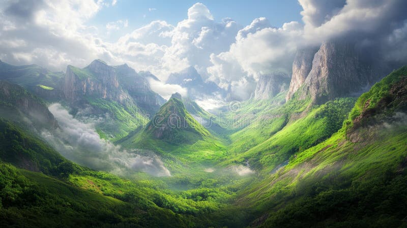 Breathtaking View of Verdant Valley Under Dramatic Cloudy Sky Stock ...