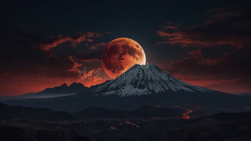 Majestic Blood Moon Rising Over Snowy Mountain Peak Stock Illustration ...