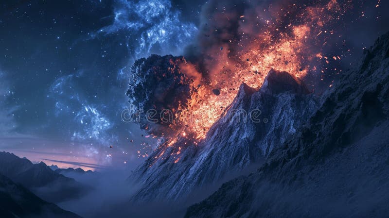 A Breathtaking View of a Volcano Erupting Under a Starry Sky. Stock ...