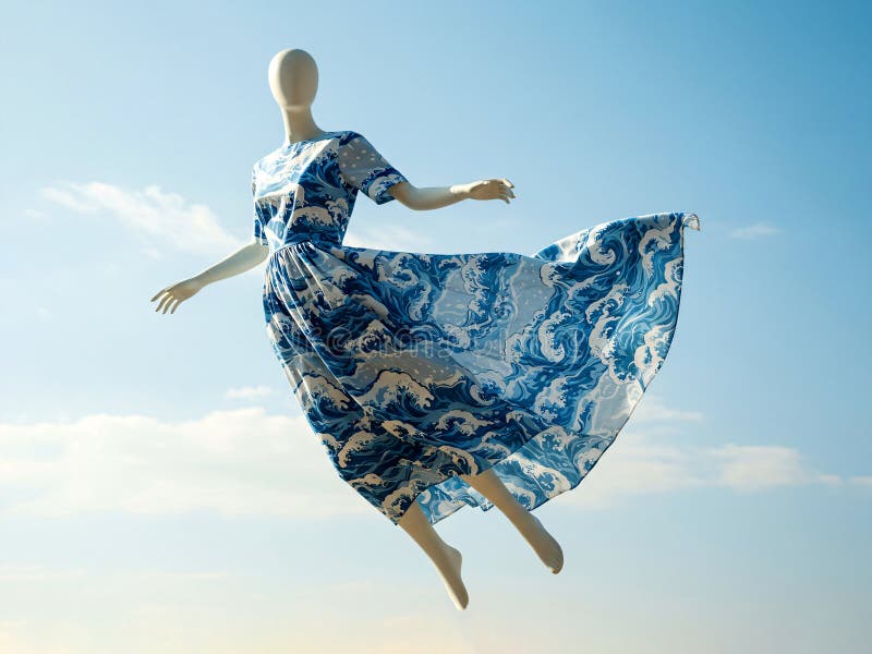 Mannequin with a Dress with Blue Wave Pattern in the Sky Floating in an ...