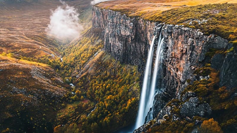 A Breathtaking Waterfall Cascades Down a Rugged Cliff Surrounded by ...