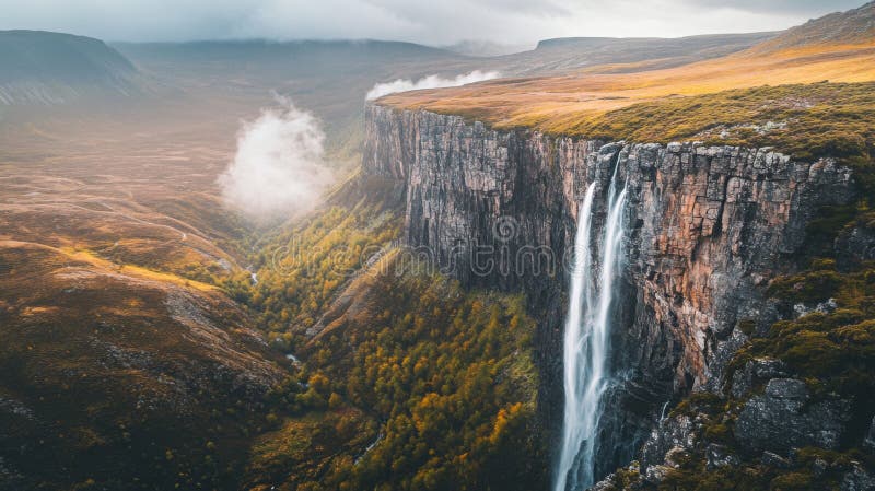 A Breathtaking Waterfall Cascades Down a Rugged Cliff Surrounded by ...