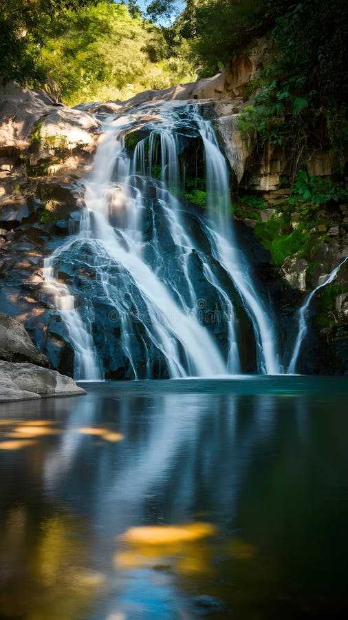 Breathtaking Waterfall Cascading Over Rocks, Sunlight Filtering through ...