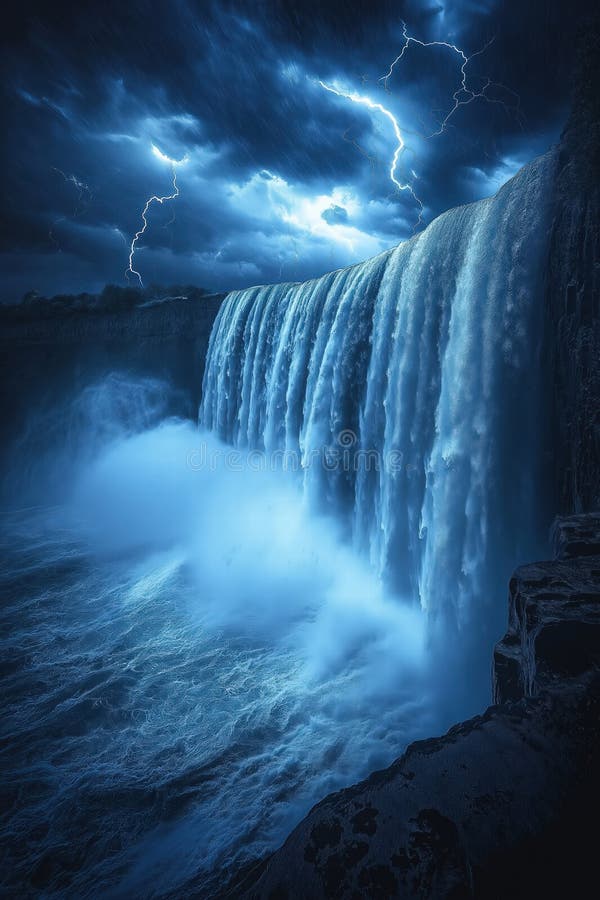 Powerful Waterfall Cascades Under Stormy Skies with Lightning ...