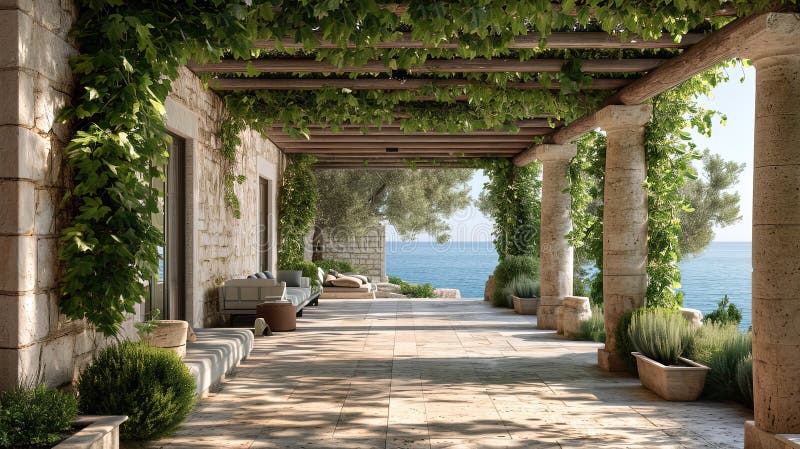 Breezy Mediterranean Terrace Stock Illustration - Illustration of ...