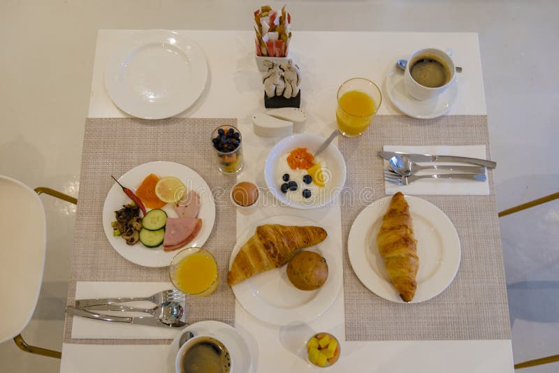 Brekafast Table, Luxury Breakfast Buffet Table, Fruit and Egs on Table ...